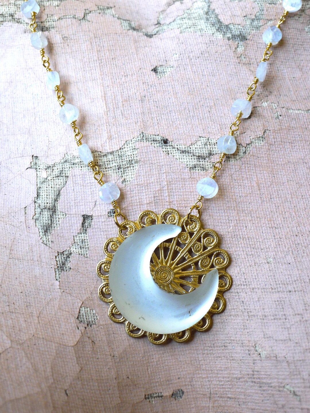 Moonstruck // 1930s Glass Crescent Moon Pendant Genuine Moonstone Beads ...