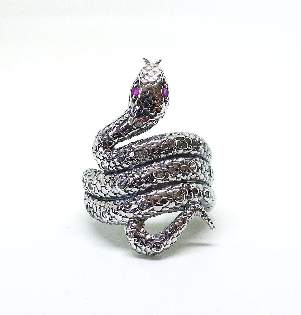 Sterling Silver Snake Ring With Ruby Eyes and White Topaz // Victorian ...