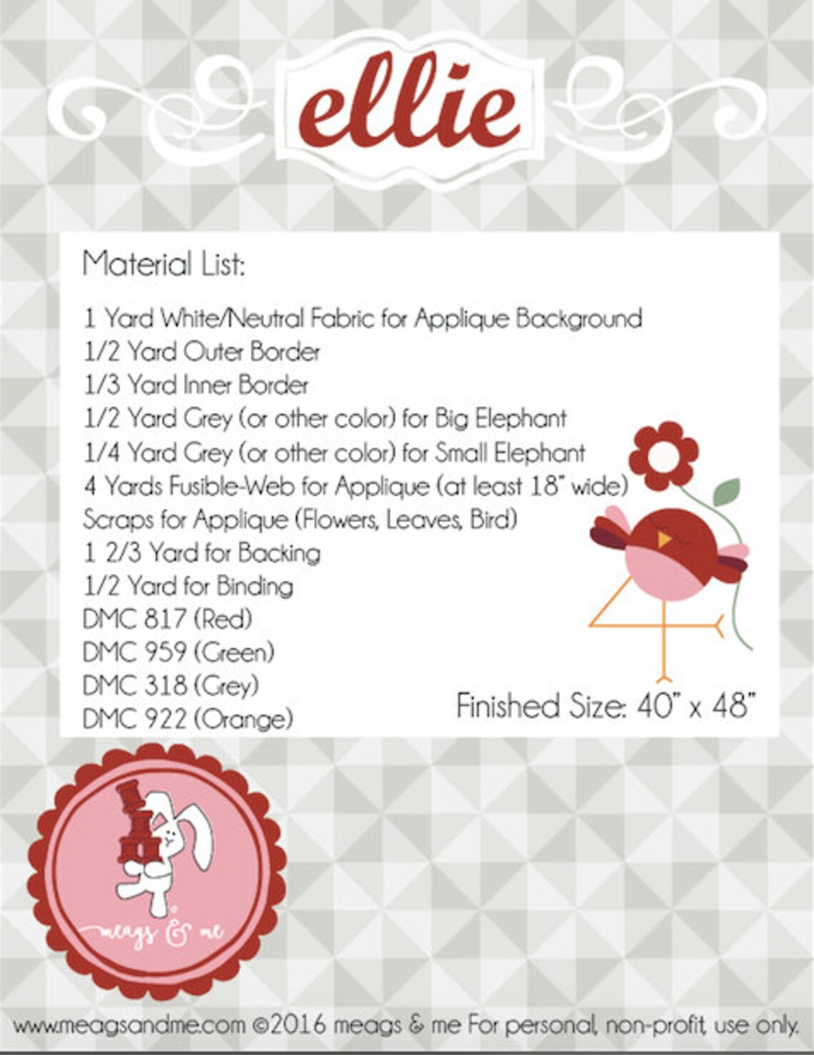 Instant Download- Ellie Quilt Pattern. Embroidery. Elephant. Panel ...