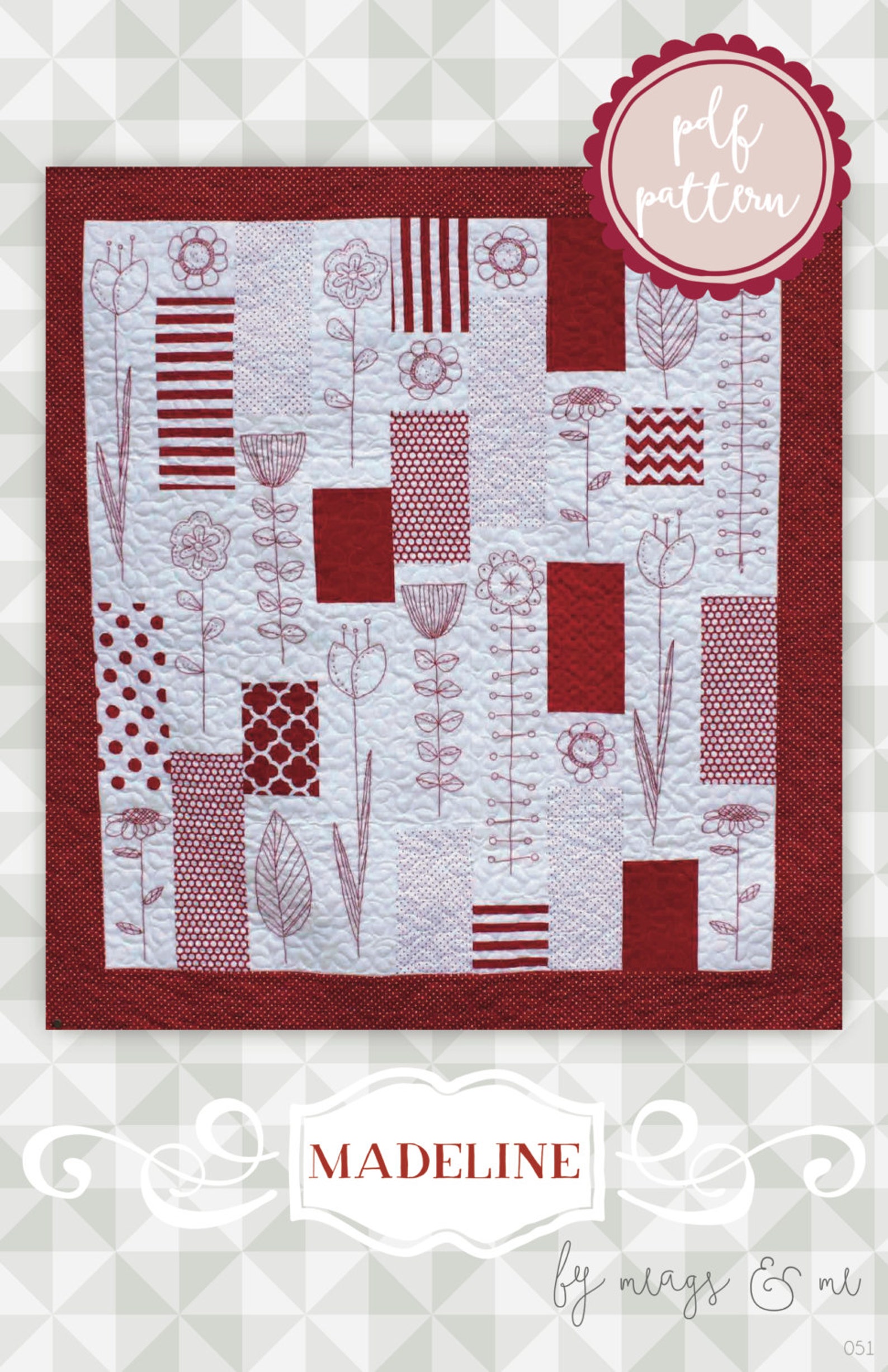 Instant Download: Madeline- A Redwork Quilt. Floral. Red Embroidery ...