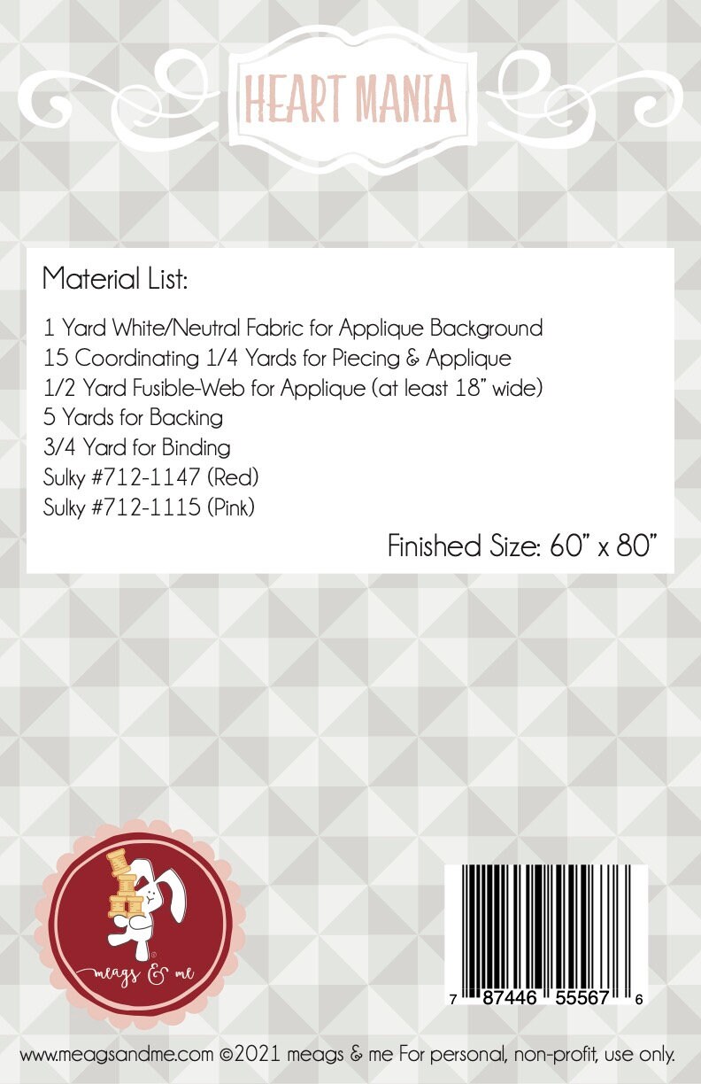 Instant Download Heart Mania Quilt Pattern. Ladybug Mania Fabric. Meags ...