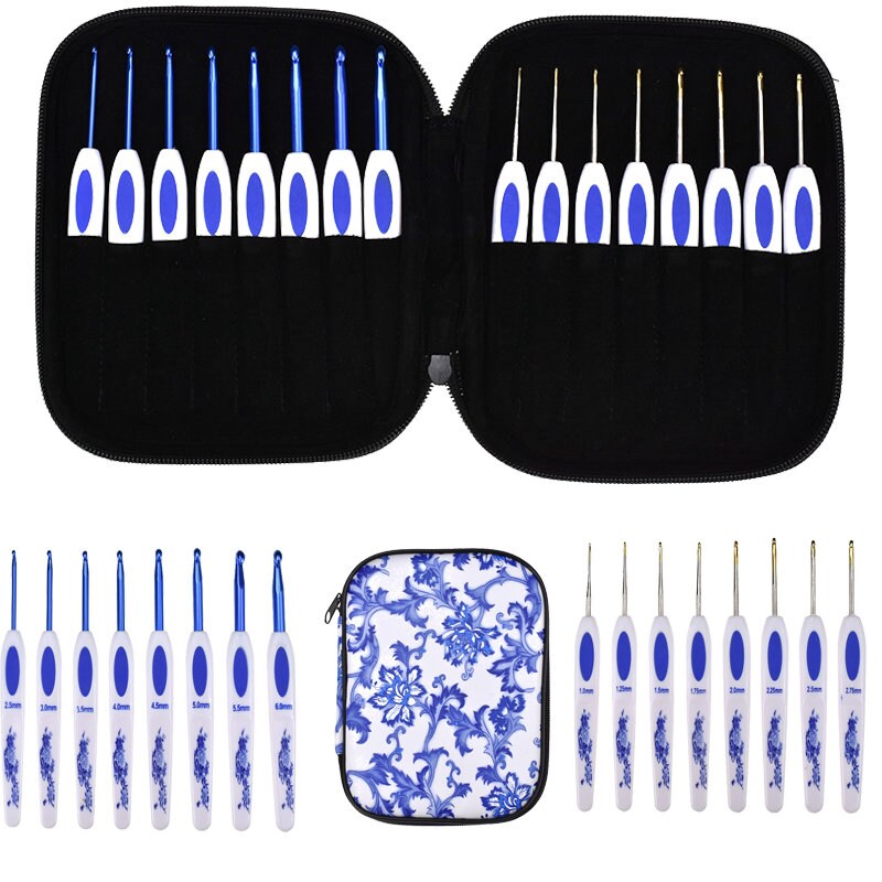Crochet Hook Set - Includes 16 Hooks + Blue Paisley Case. Aluminum ...
