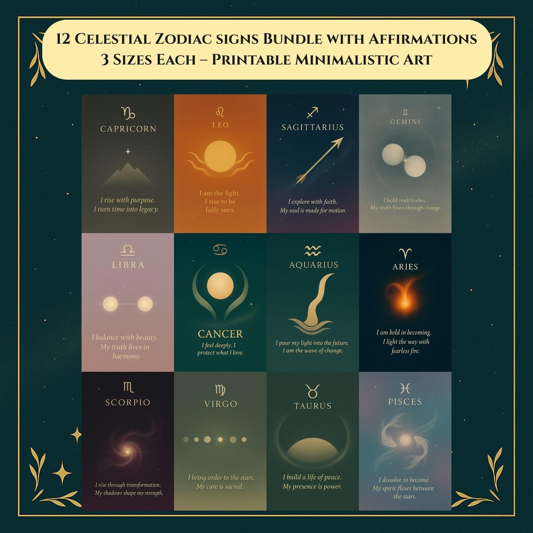 12 Celestial Zodiac Signs With Affirmations • 3 Sizes Each • Printable ...