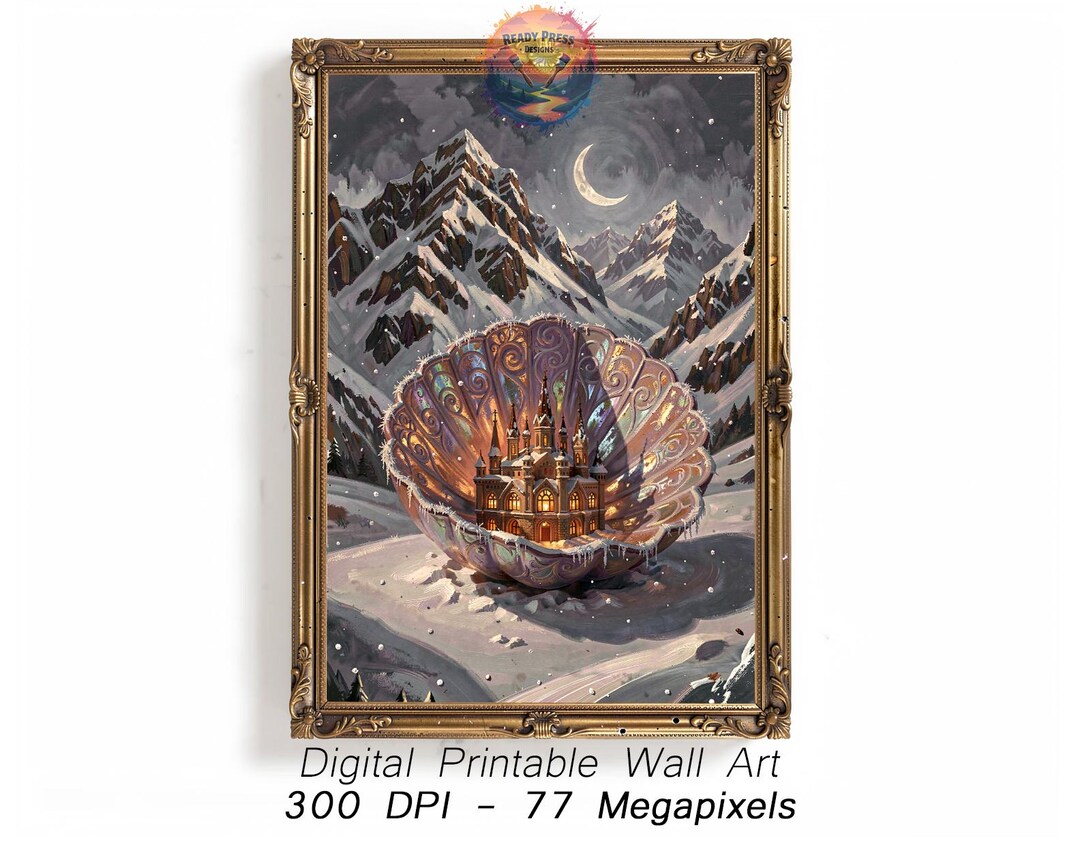 Fantasy Castle in Iridescent Shell, Winter Mountain Art, Surreal Wall ...
