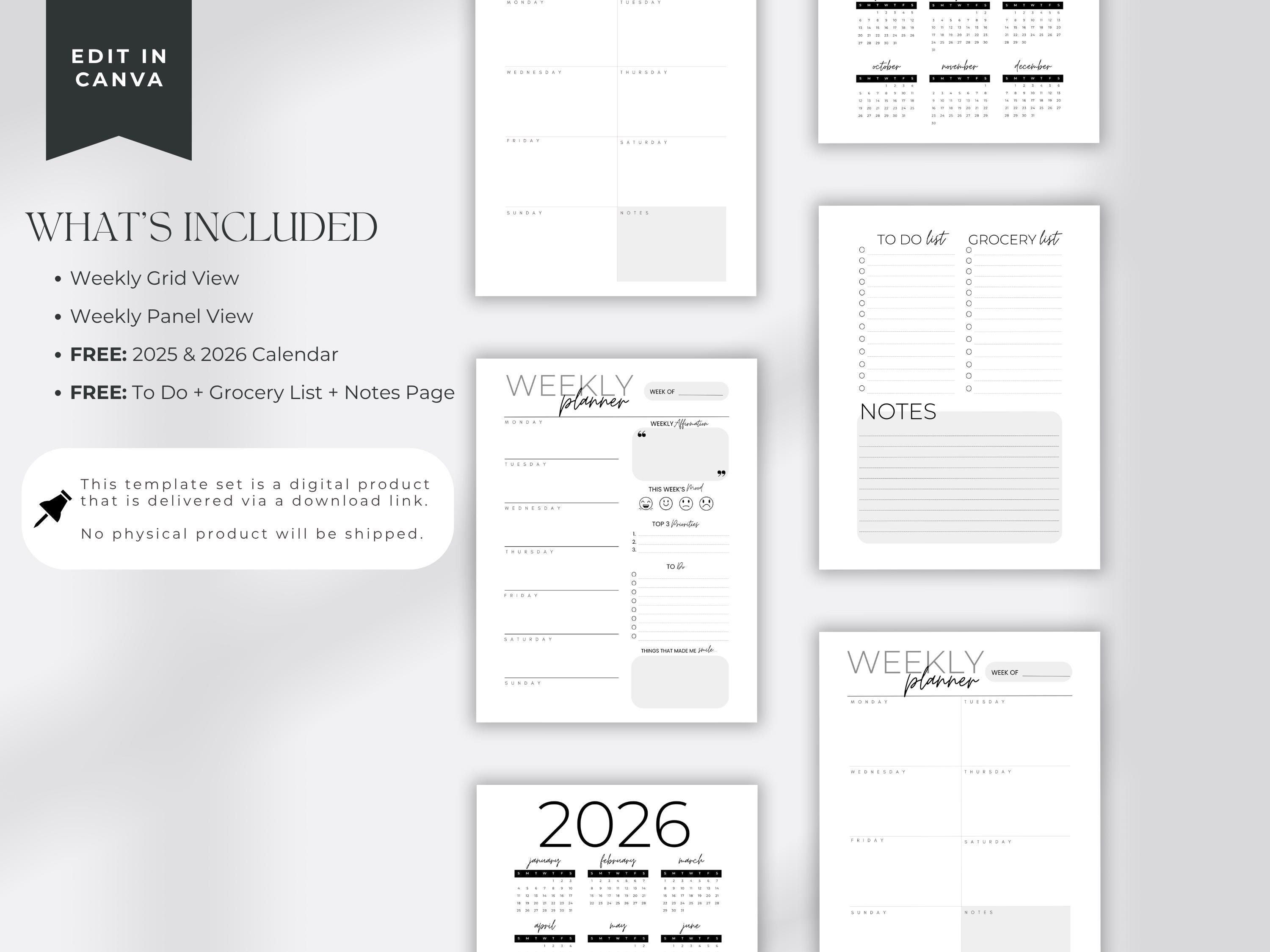 Minimalist Printable Weekly Planner Set | 2025 2026 Calendars L ...