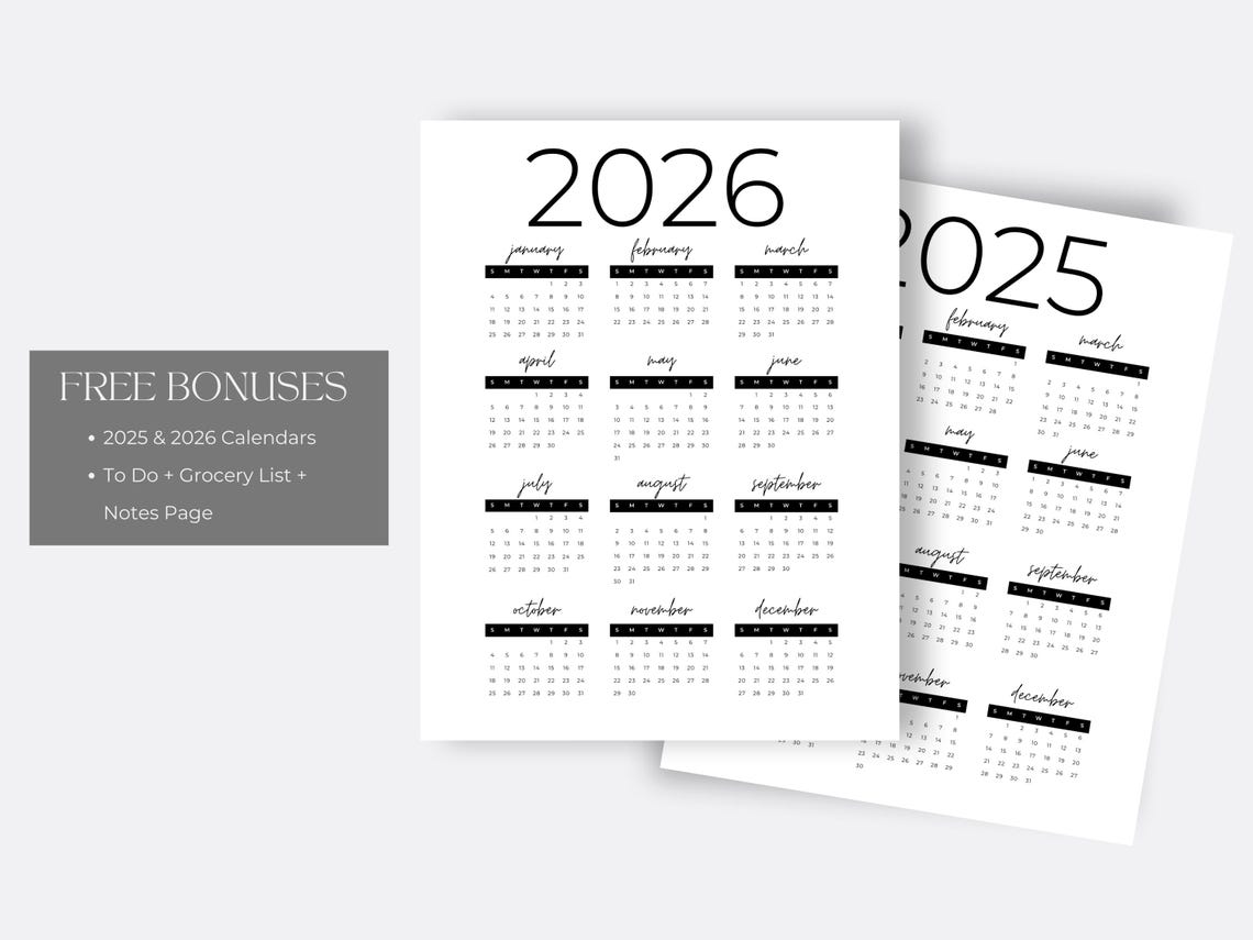 Minimalist Printable Weekly Planner Set | 2025 2026 Calendars L ...