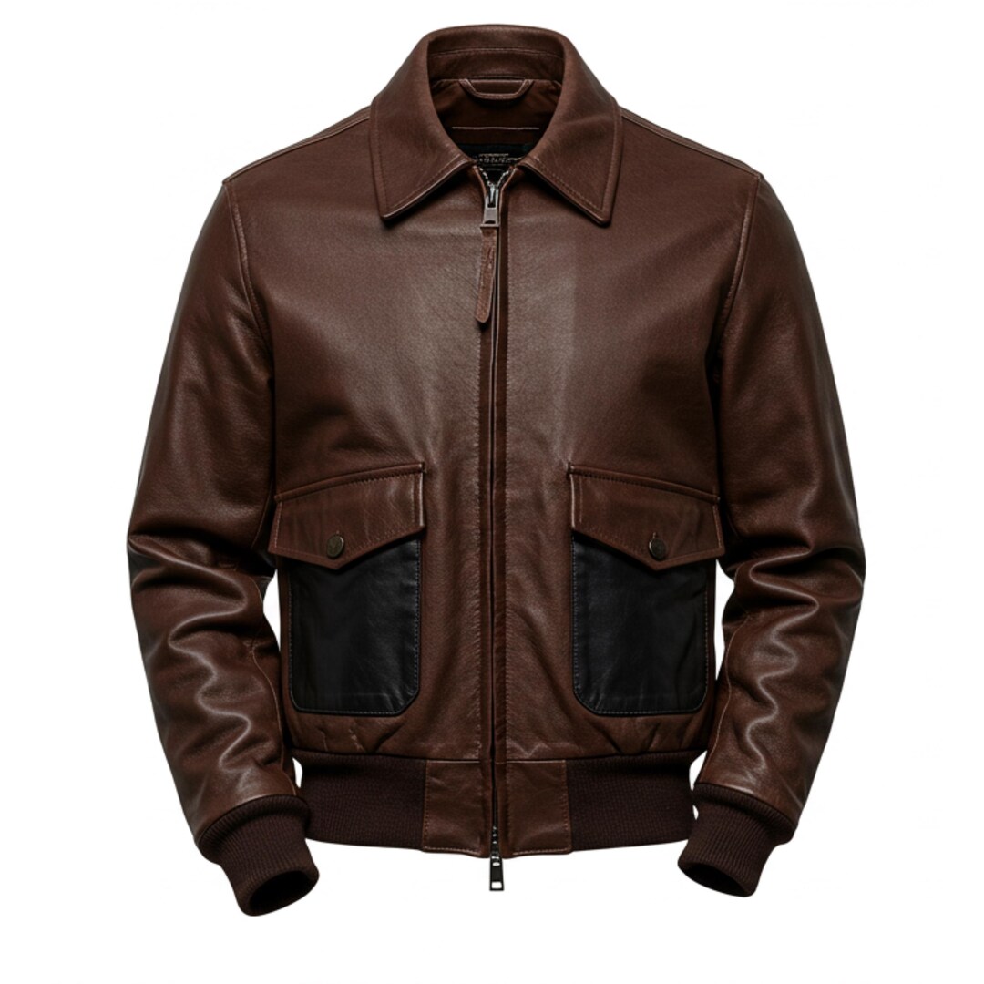 Men’s Two-tone Leather Bomber Jacket | Brown & Black Premium Real ...