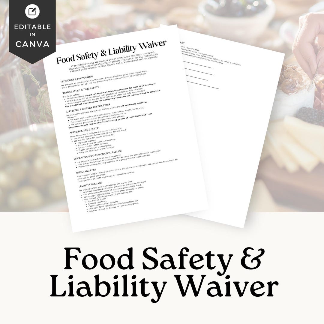 Food Safety and Liability Waiver, Editable Kitchen Safety Template ...
