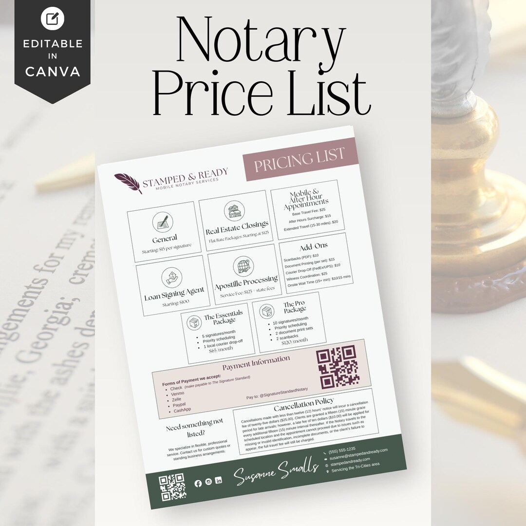Mobile Notary Public Service List, Detailed Price List Template, Notary ...
