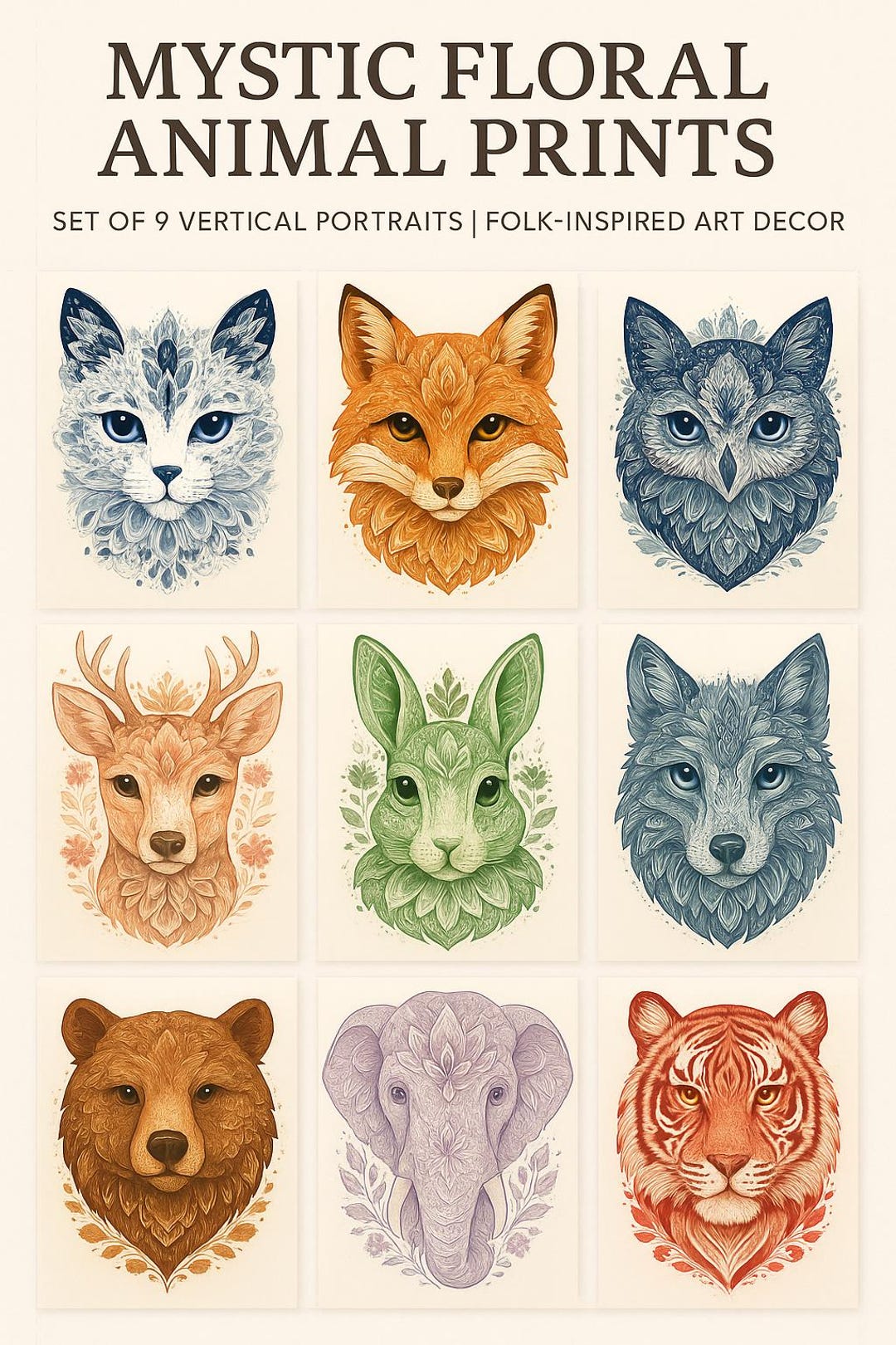 Floral Animal Prints Set | Boho Folk Art Decor (digital Download) - Etsy