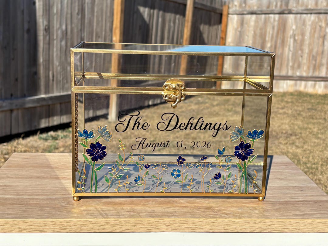 Personalized Wedding Card Box, Hand Painted Floral Stained Glass, Gold ...