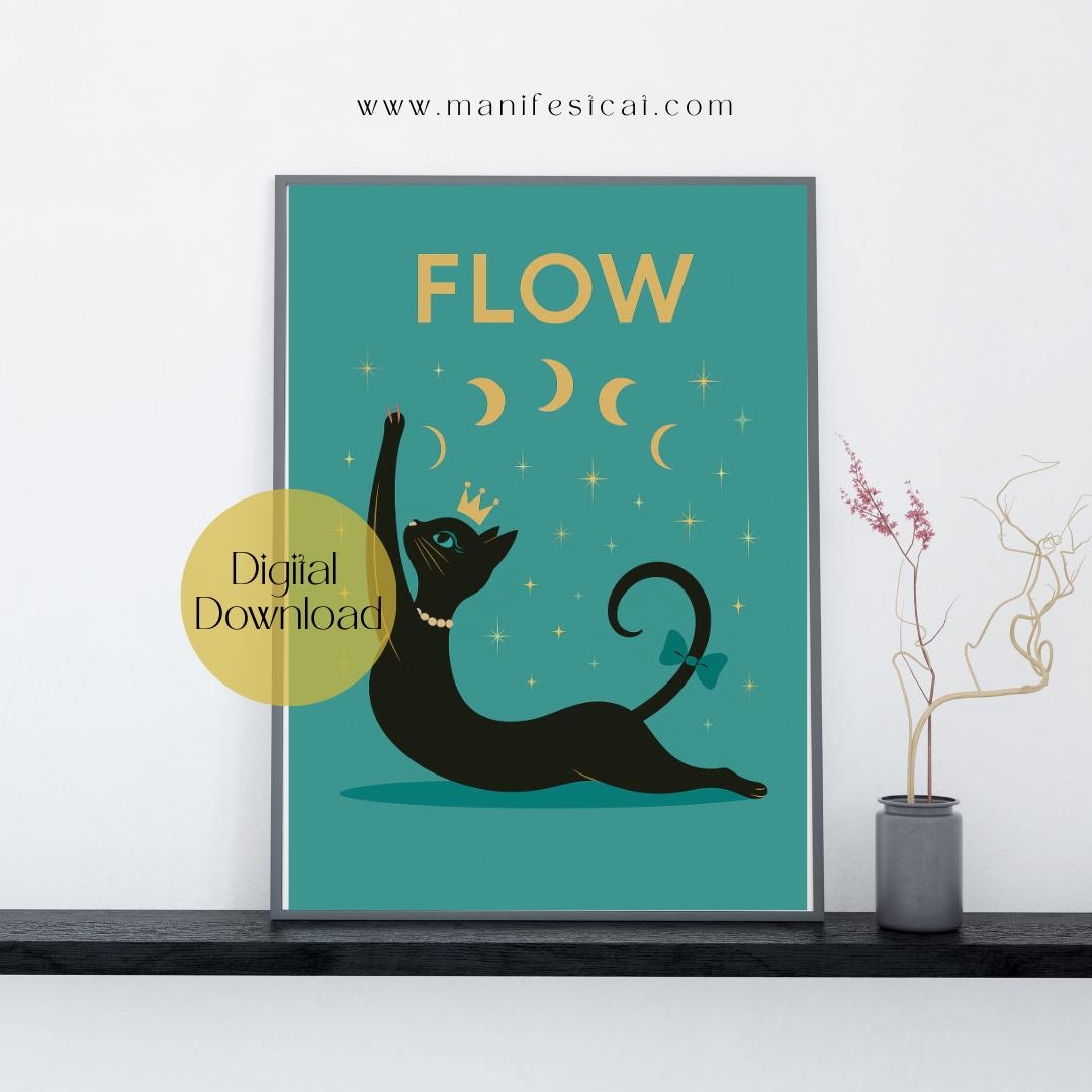 Flow Cat 2 – Manifestation Printable Cat Wall Art, Mid-century Black ...