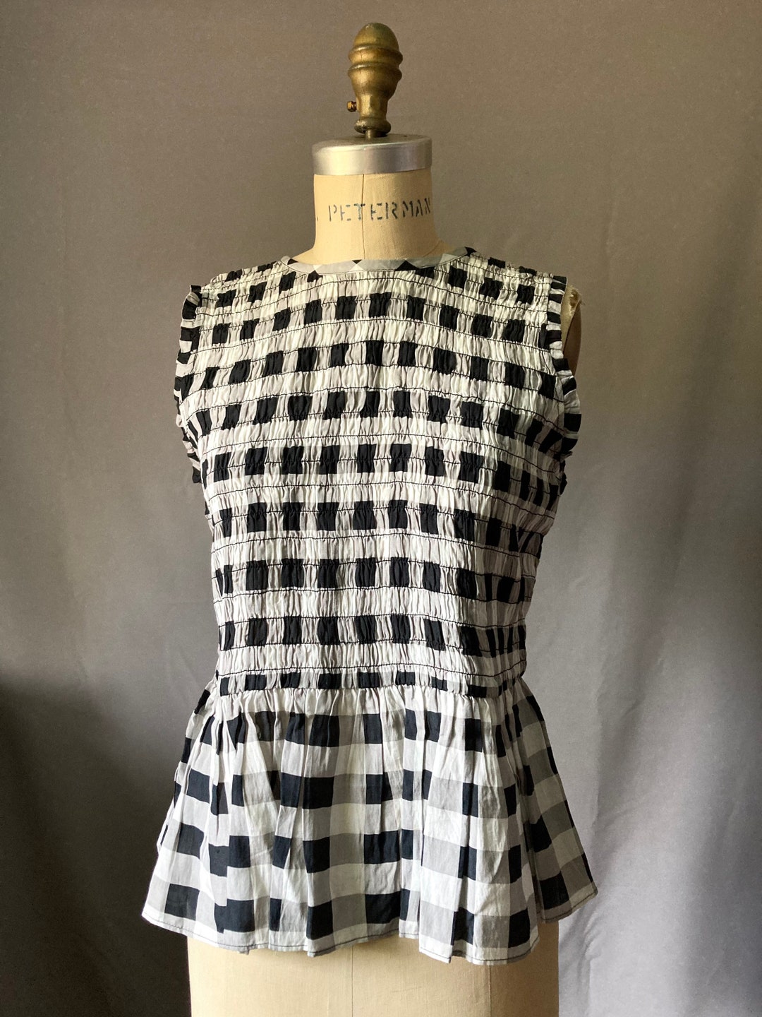 Vintage 2000s Y2K Black White and Grey Gingham Ruched Tank Baby Doll Blouse by Ann Taylor Size S ...