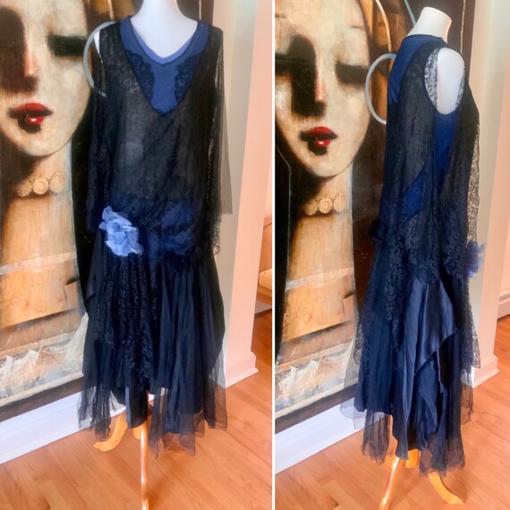 1920s Flapper Dress Lace Tulle Satin - 20s Evening Dr… - Gem