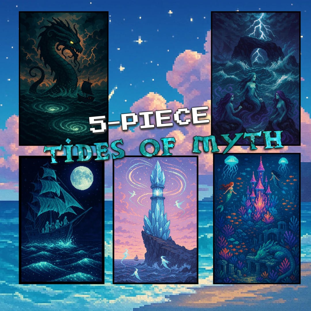 Tides of Myth | 5-piece Fantasy Ocean Pixel Art Print Set | Digital ...