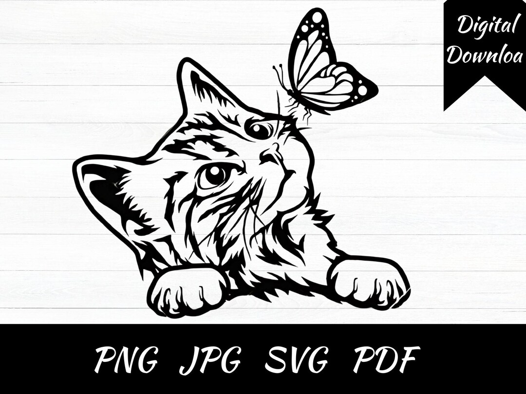 Curious Kitten With Butterfly SVG | Peeking Cat Clipart (digital ...