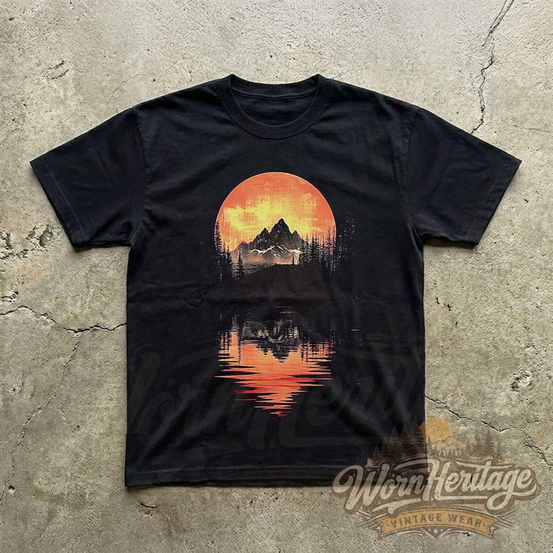 Vintage Mountain Sunset Camp Shirt, Retro Nature Landscape Graphic Tee ...