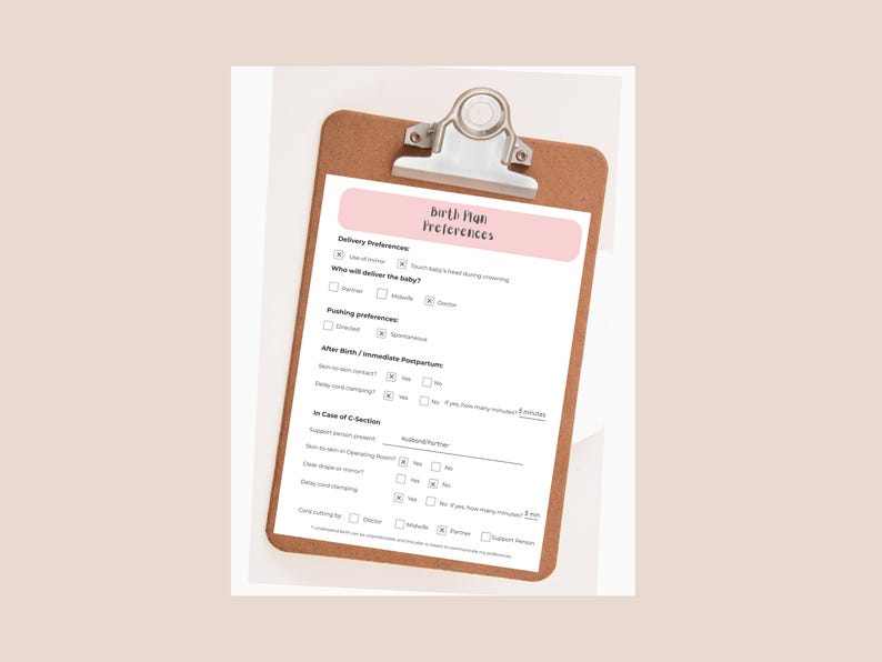 Pink Birth Plan Template PNG | Printable Birth Plan for Hospital or ...