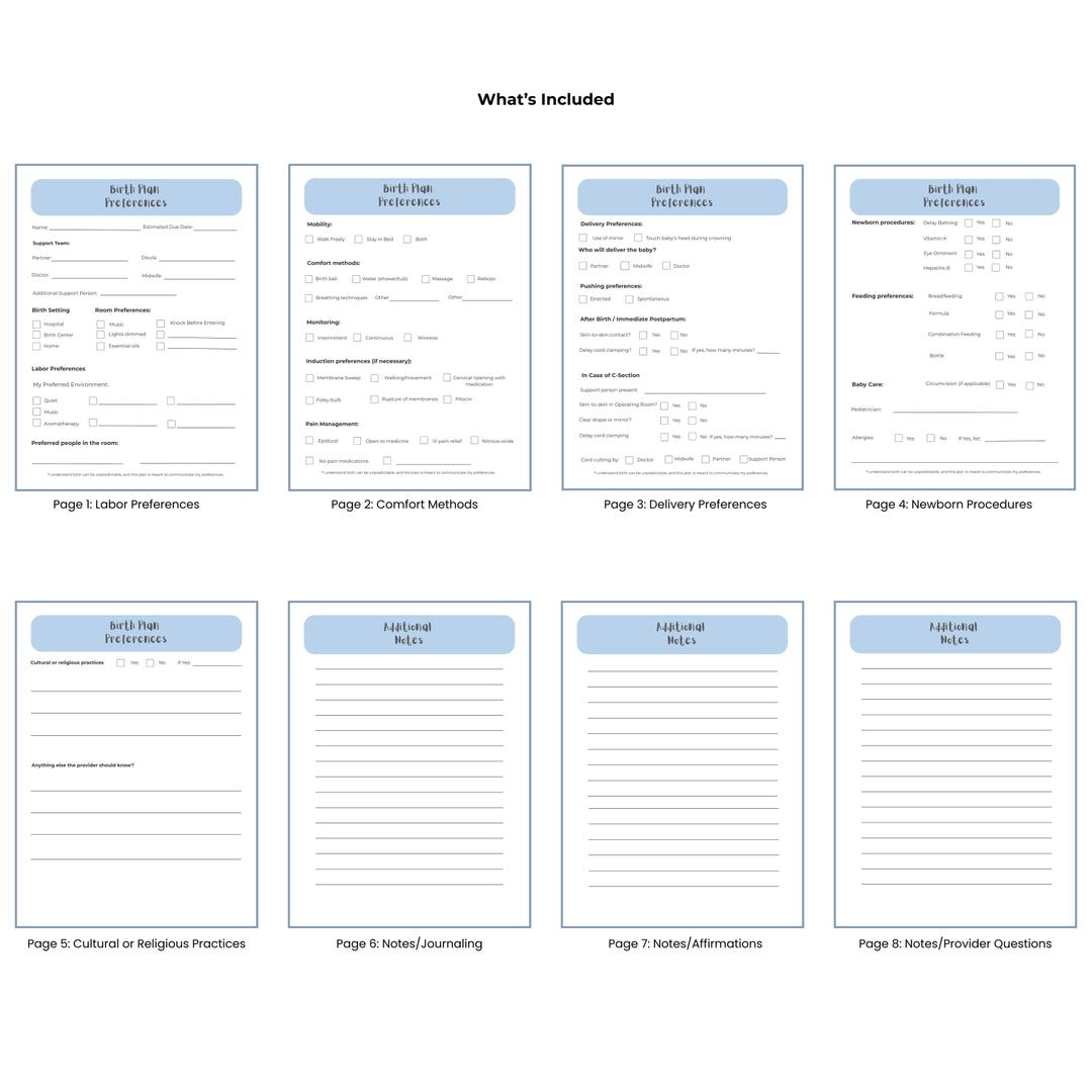 Blue Birth Plan Template PNG | Printable Birth Plan for Hospital or ...