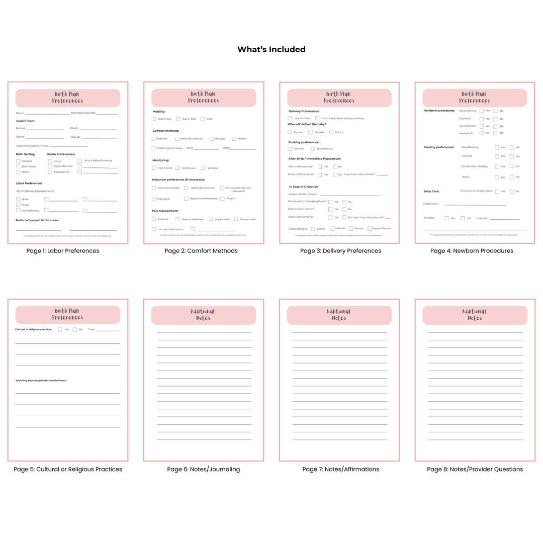 Pink Birth Plan Template PNG | Printable Birth Plan for Hospital or ...