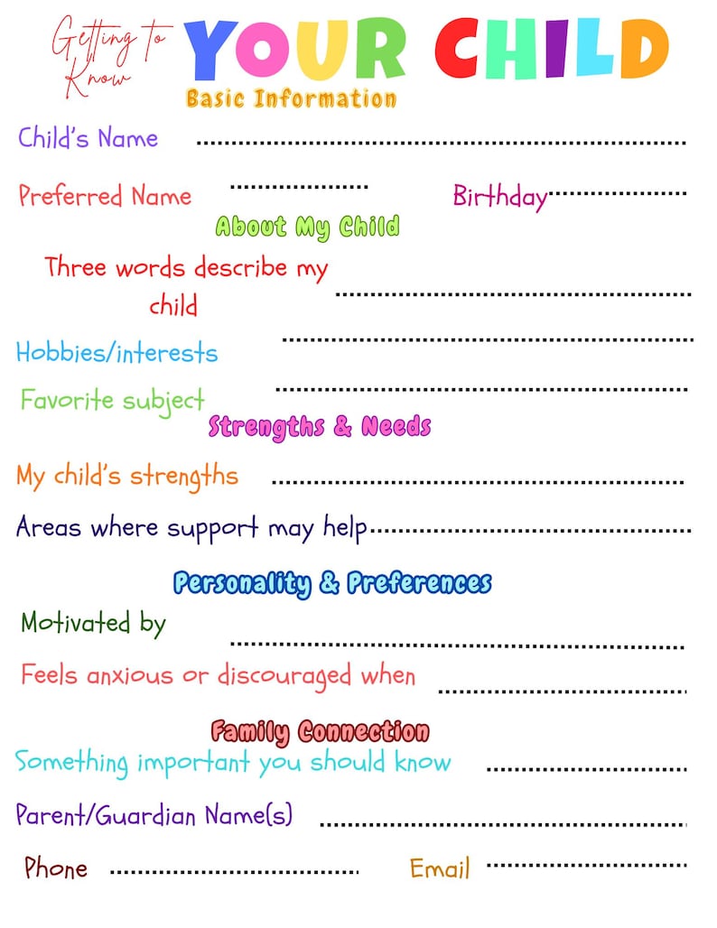 Teacher Parent Survey: Getting to Know Your Child Questionnaire (PDF ...