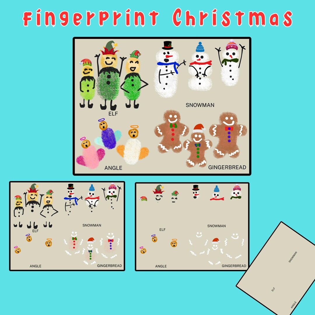 Christmas Fingerprint Art Printable – Elf, Snowman, Angel & Gingerbread ...