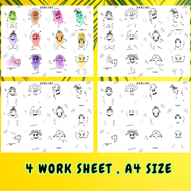 Dancing Fingerprint Art: Kids Doodle Activity (pdf), Preschool ...