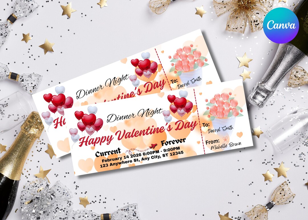 Editable Valentine Wedding Dinner Ticket Template, Romantic Reception ...