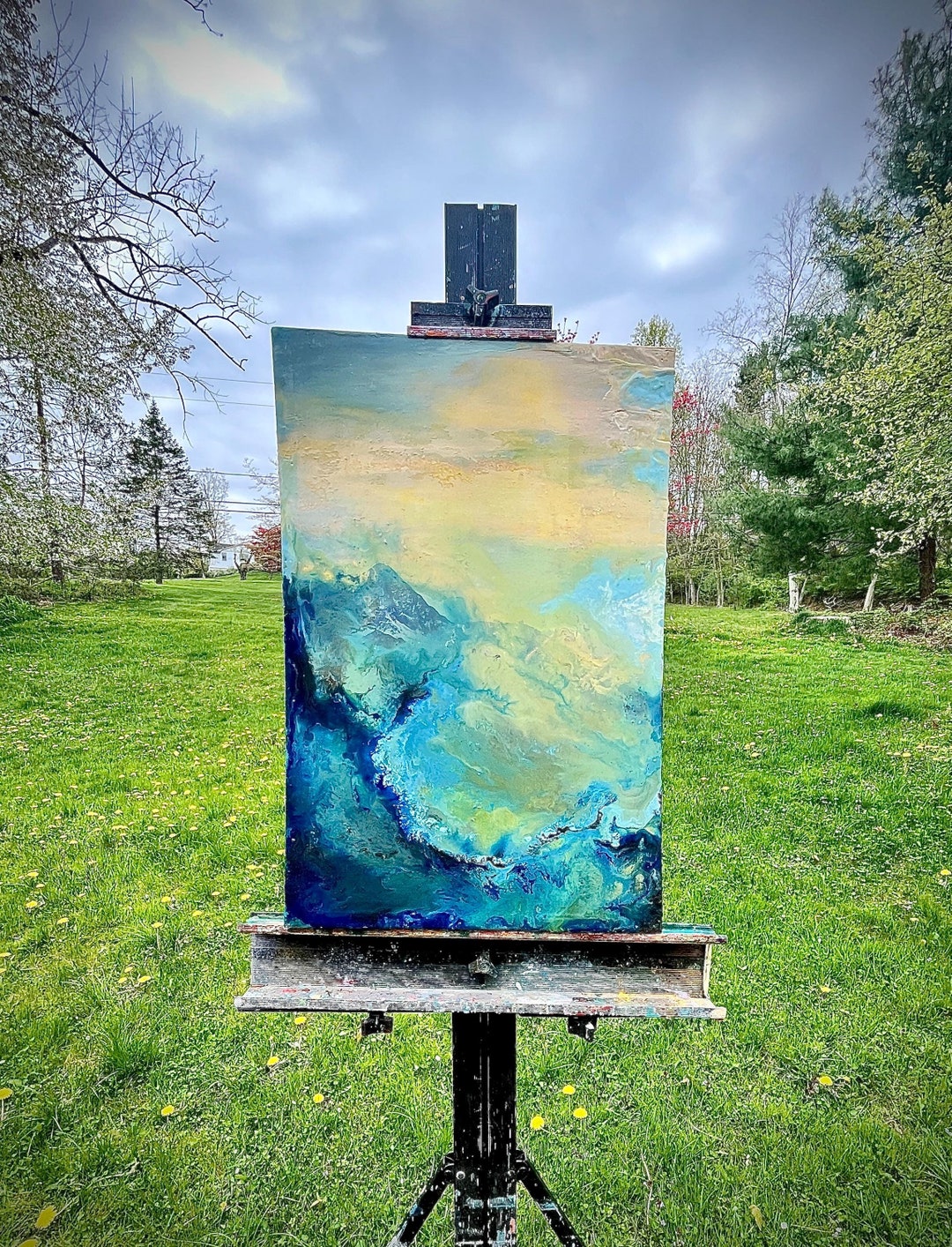 Blue and White Marbleized Original Oil Painting, Wall Hanging, Fine Art ...