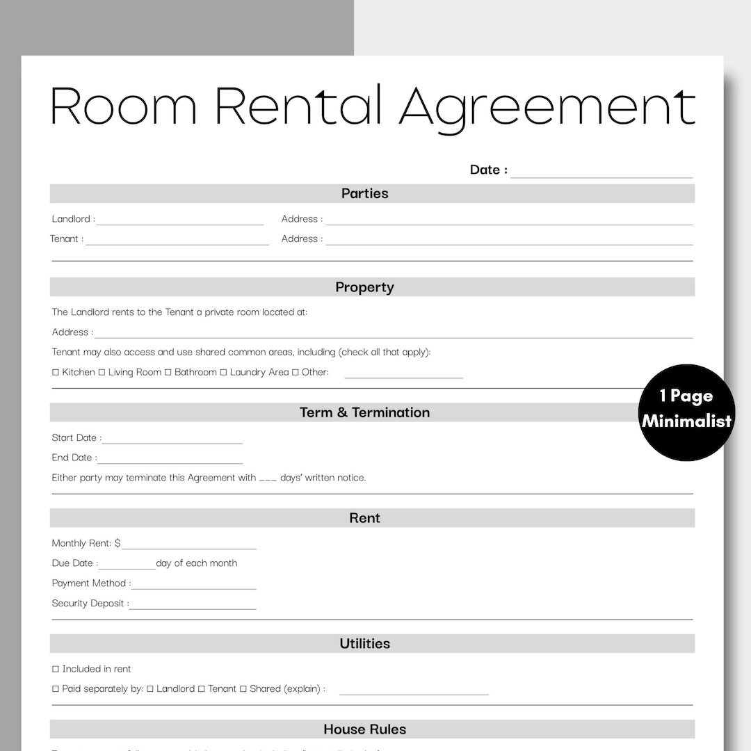Minimalist Room Rental Agreement, Simple Rental Contract Template ...