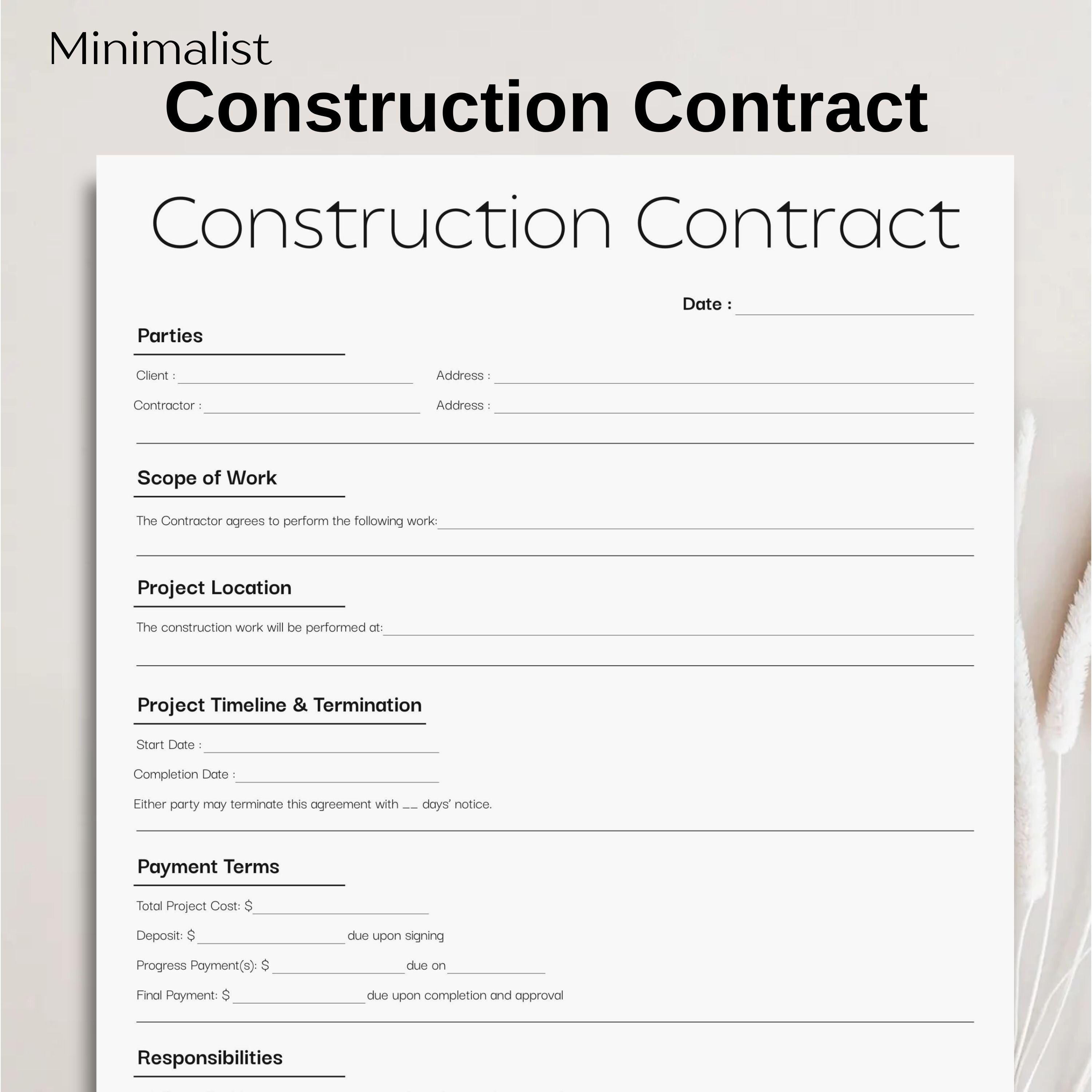 Minimalist Construction Contract, Simple Construction Agreement Form ...