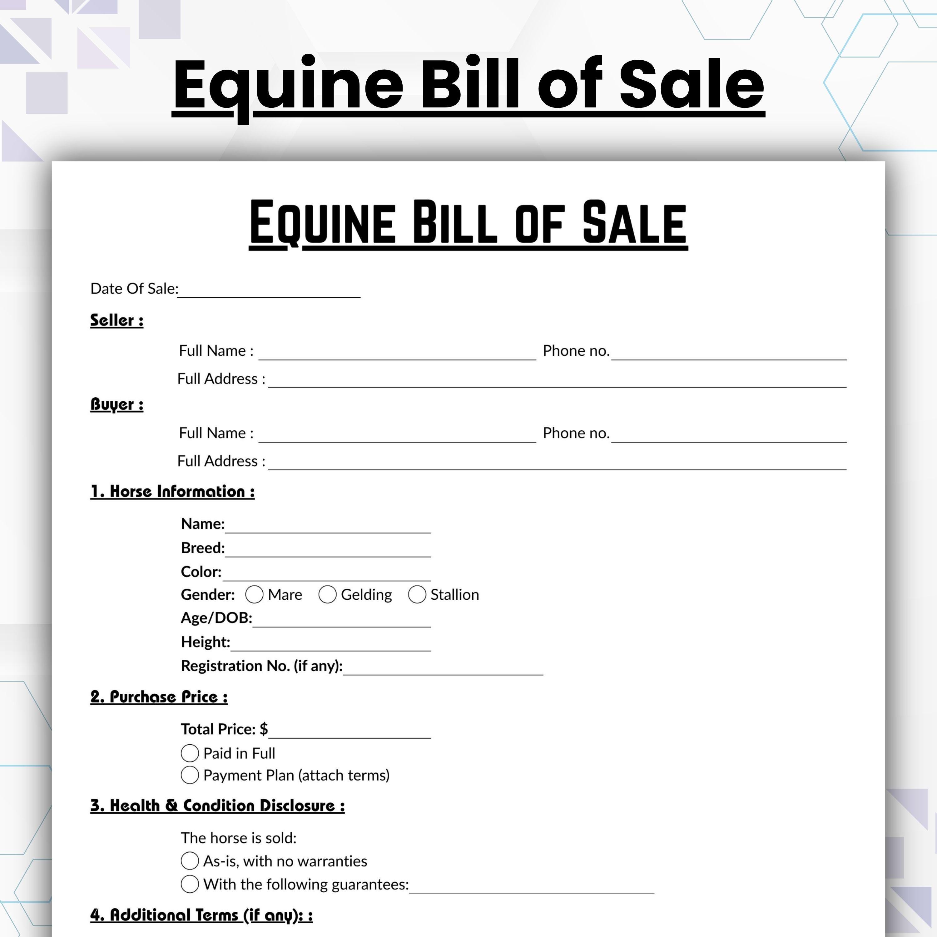 Editable Equine Bill of Sale, Simple Business Horse Legal Form Template ...
