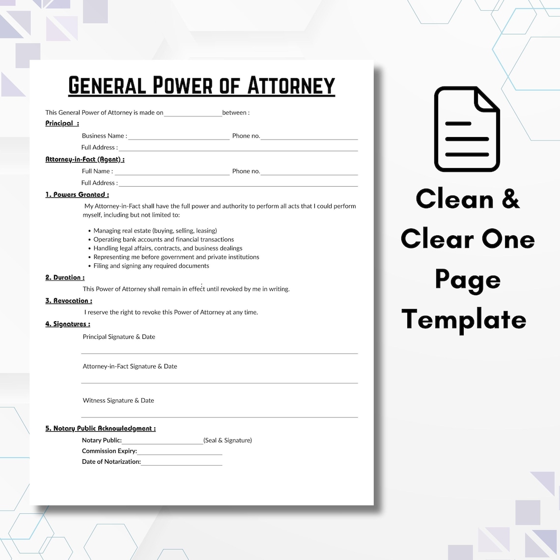 Editable General Power of Attorney Template, Single Page POA Form ...