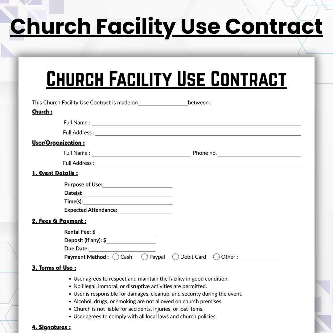 Editable Church Facility Use Contract, Simple Church Rental Agreement ...