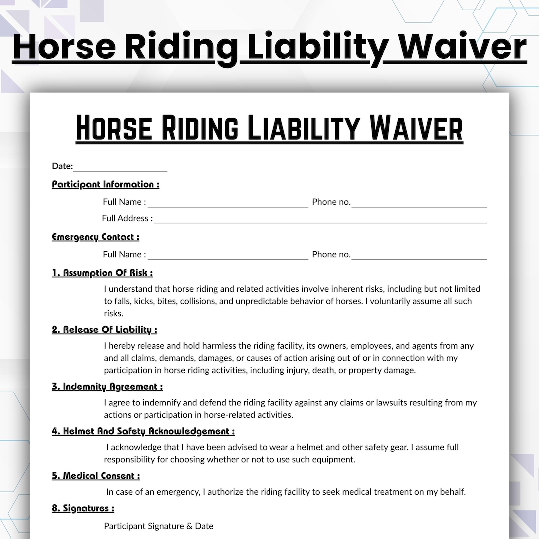 Editable Horse Riding Liability Waiver Template, Single Page Equine ...