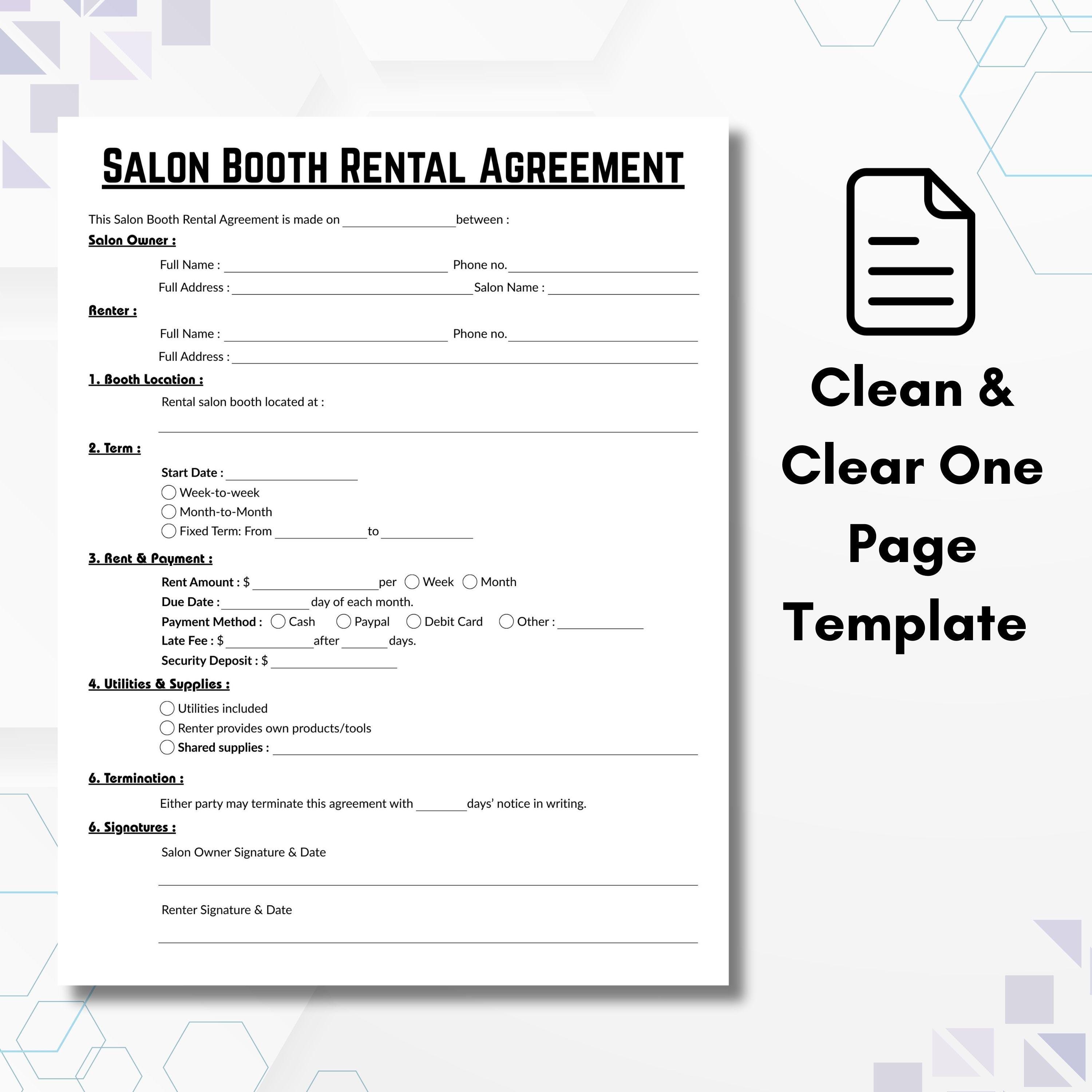 Editable Salon Booth Rental Agreement Template, Single Page Booth ...