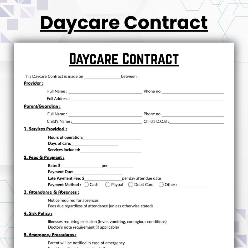Editable Daycare Contract Template, Single Page Daycare Form, Printable ...