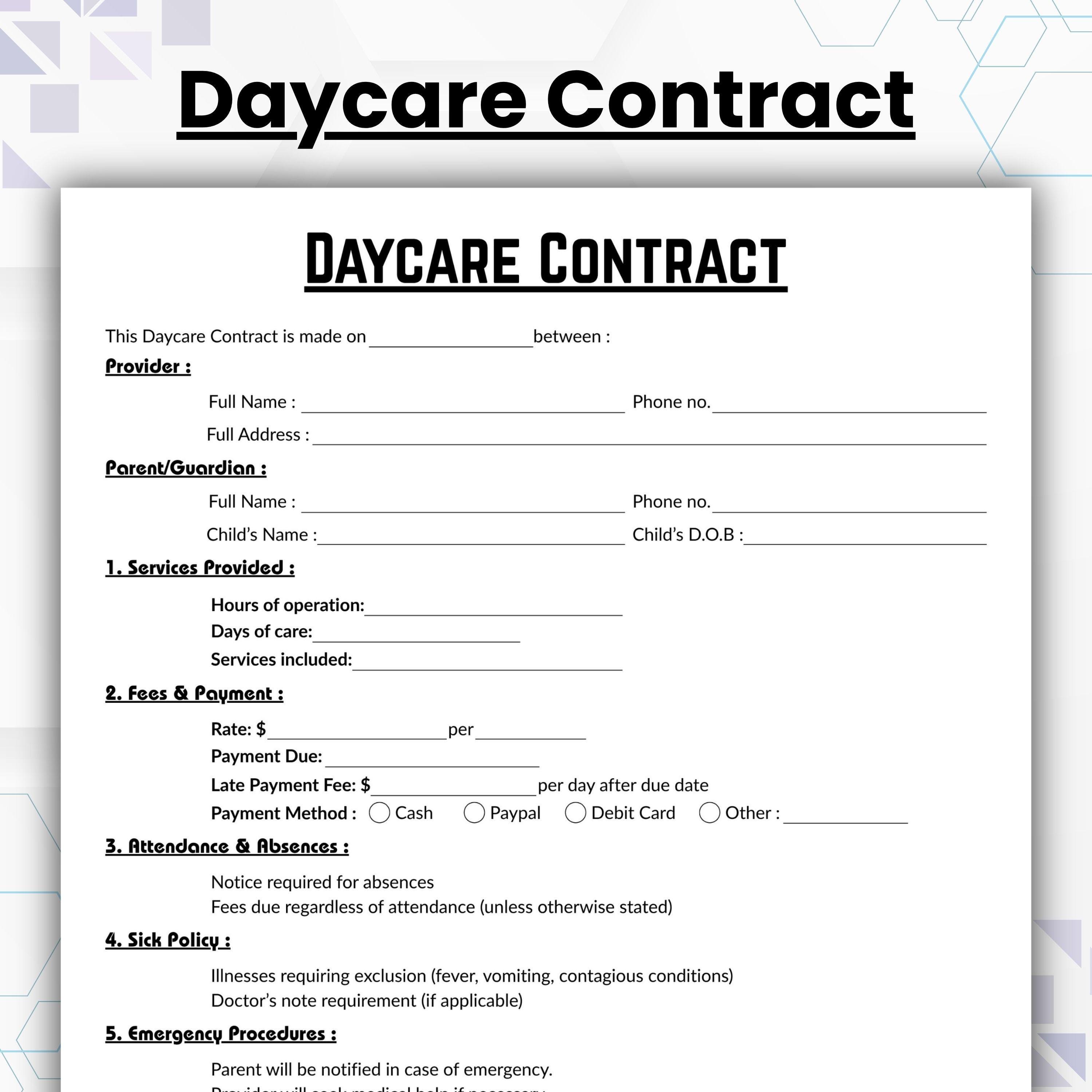 Editable Daycare Contract Template, Single Page Daycare Form, Printable Daycare Agreement ...