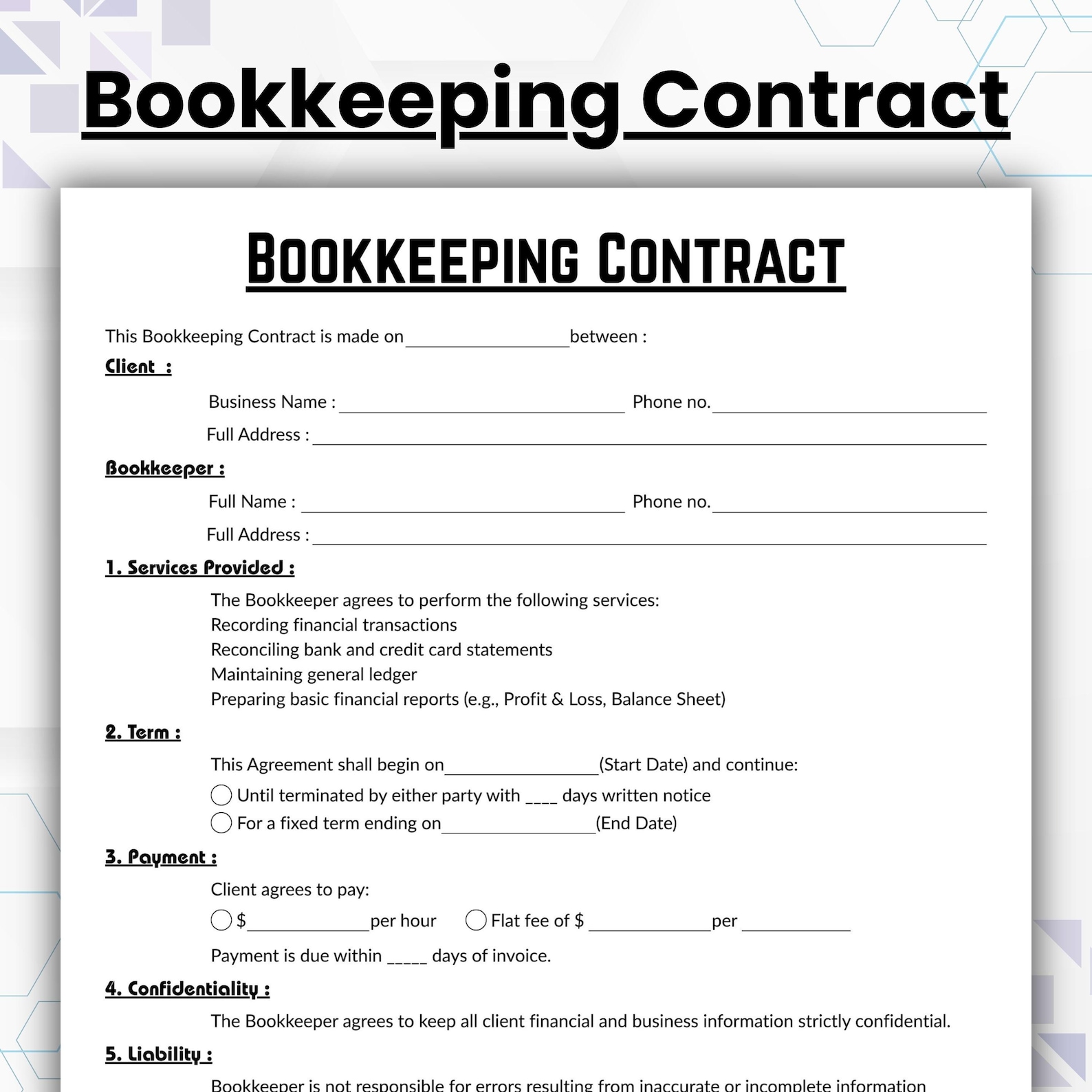 Editable Bookkeeping Contract Template, Single Freelance Bookkeeper ...