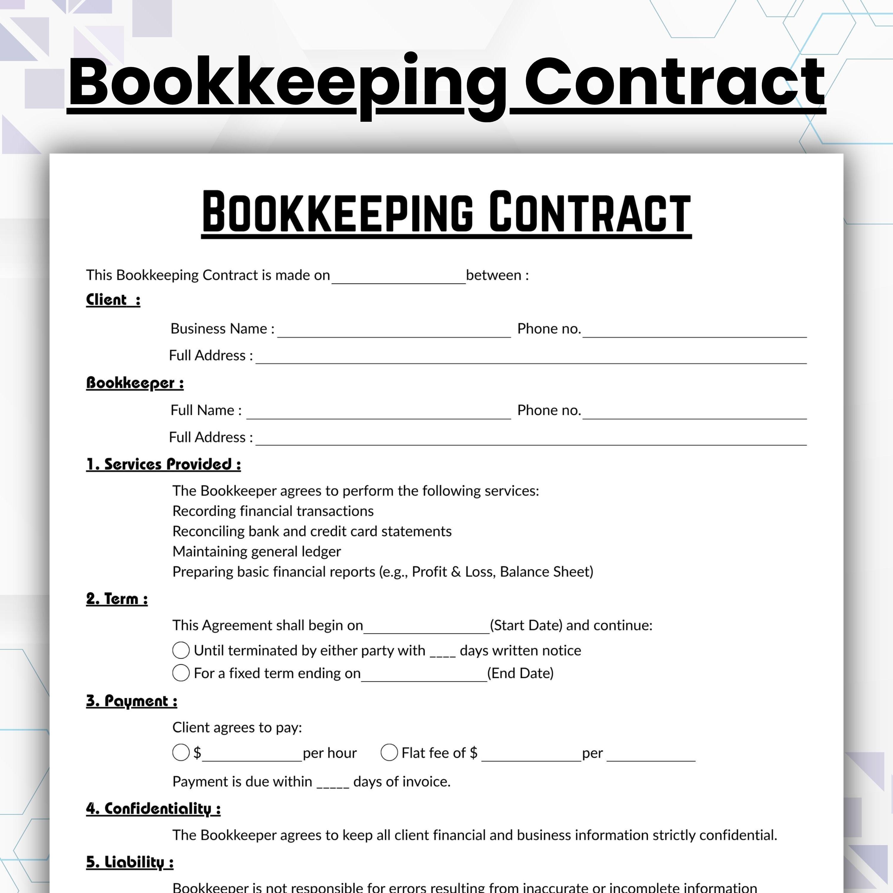 Editable Bookkeeping Contract Template, Single Freelance Bookkeeper ...