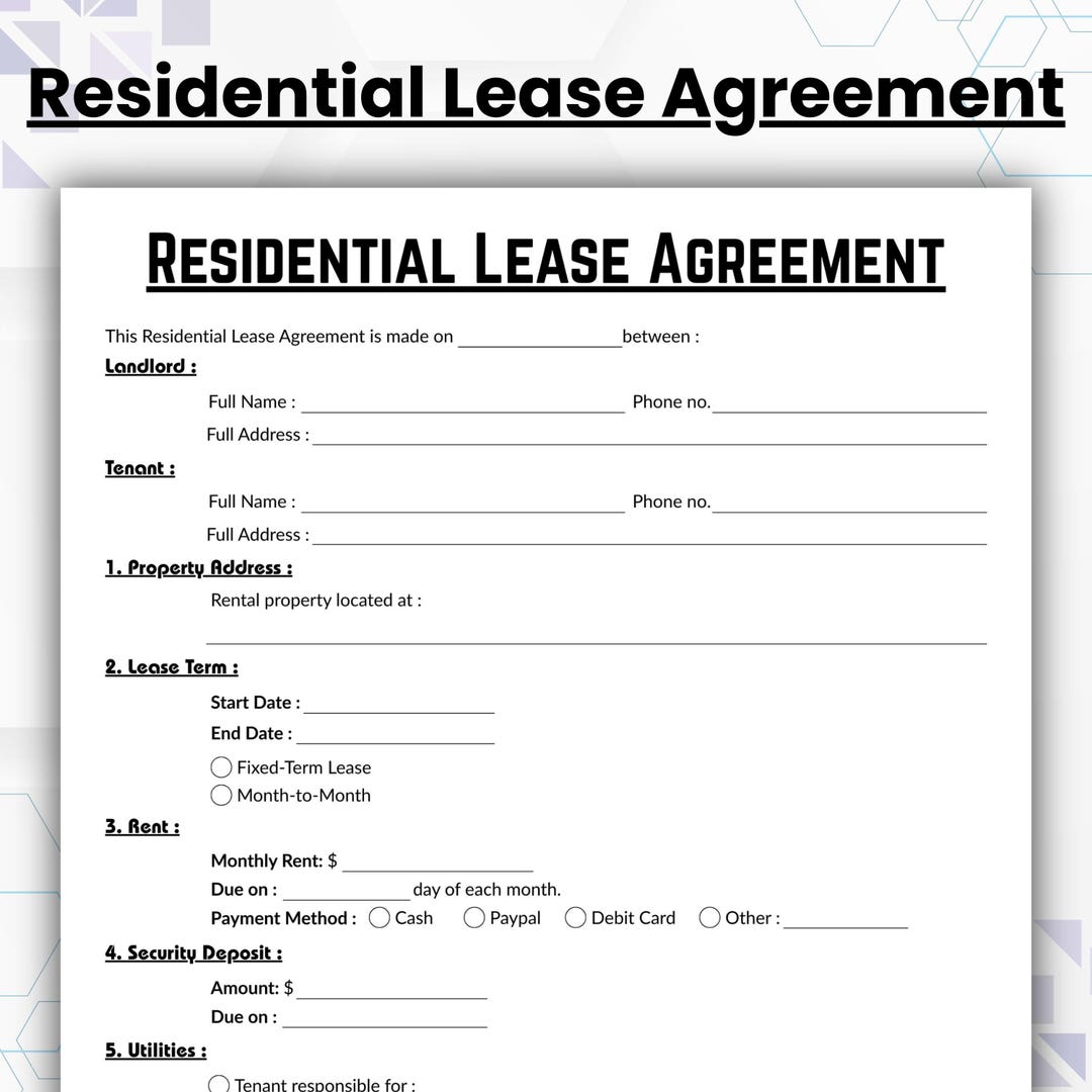 Editable Lease Agreement Template, Single Page Rental Agreement Form ...