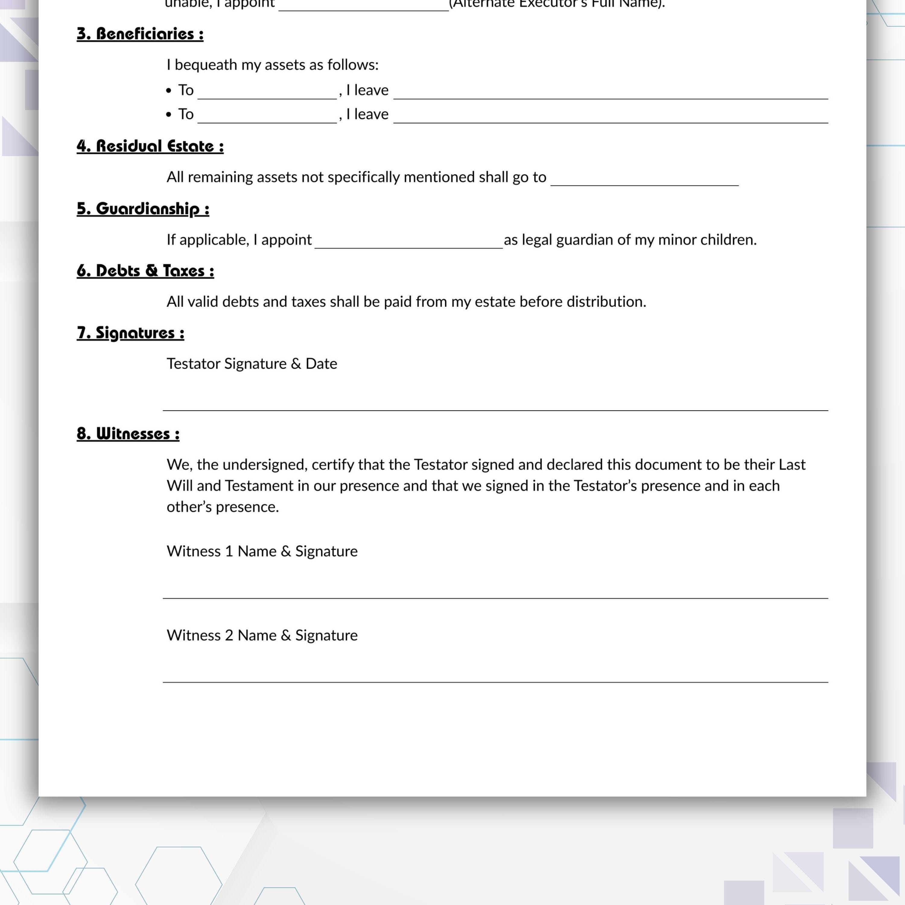 Editable Last Will and Testament Template, Single Page Testament Form ...
