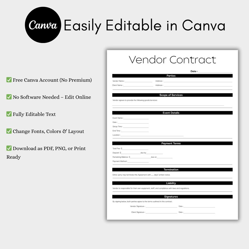 Minimalist Vendor Contract Black, Simple Event Agreement, Printable ...