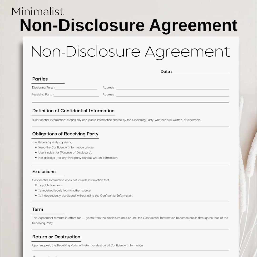 Minimalist Non-disclosure Agreement Template, Simple NDA Form, Printable Confidential Disclosure ...