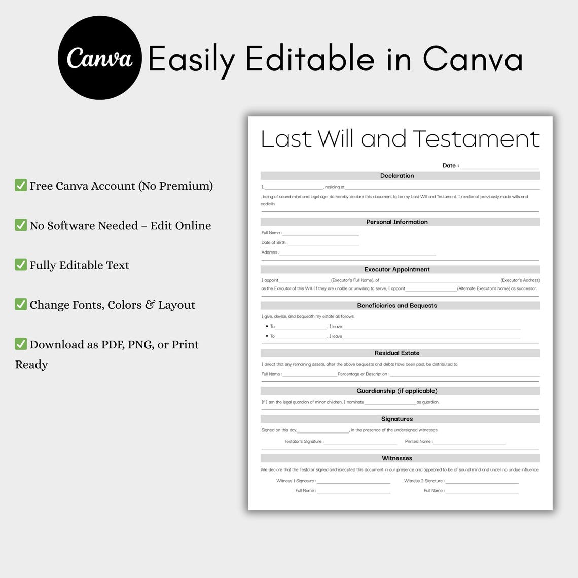 Minimalist Last Will and Testament, Simple Testament Form, Printable ...