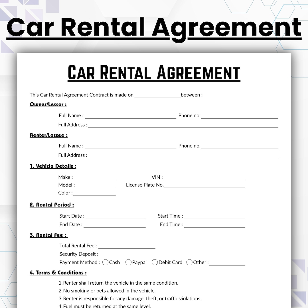 Editable Car Rental Agreement Template, Single Page Car Rental Contract ...