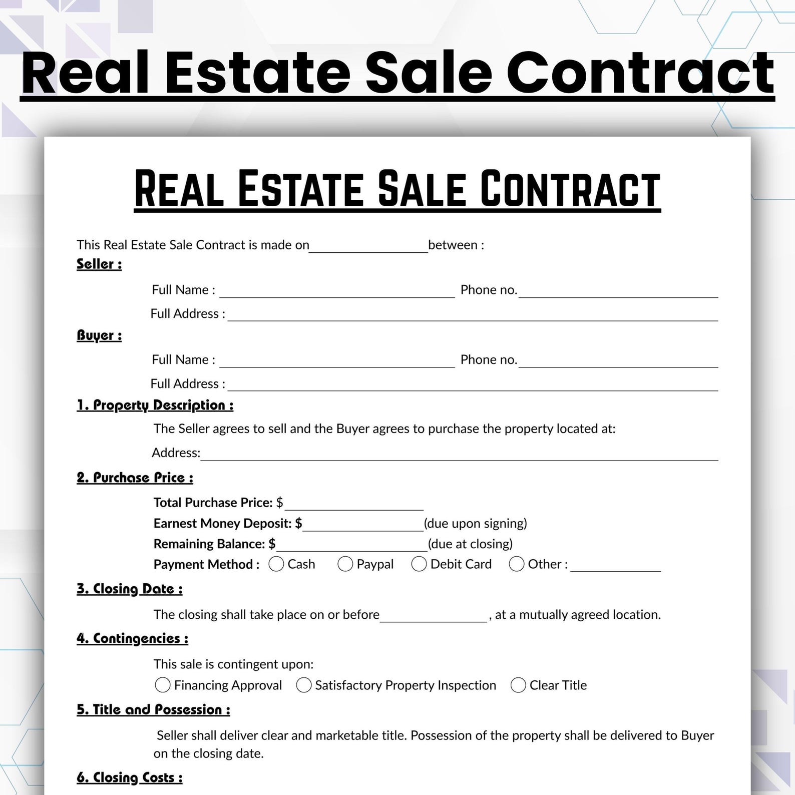 Editable Real Estate Sale Contract Template, Single Page Purchase ...