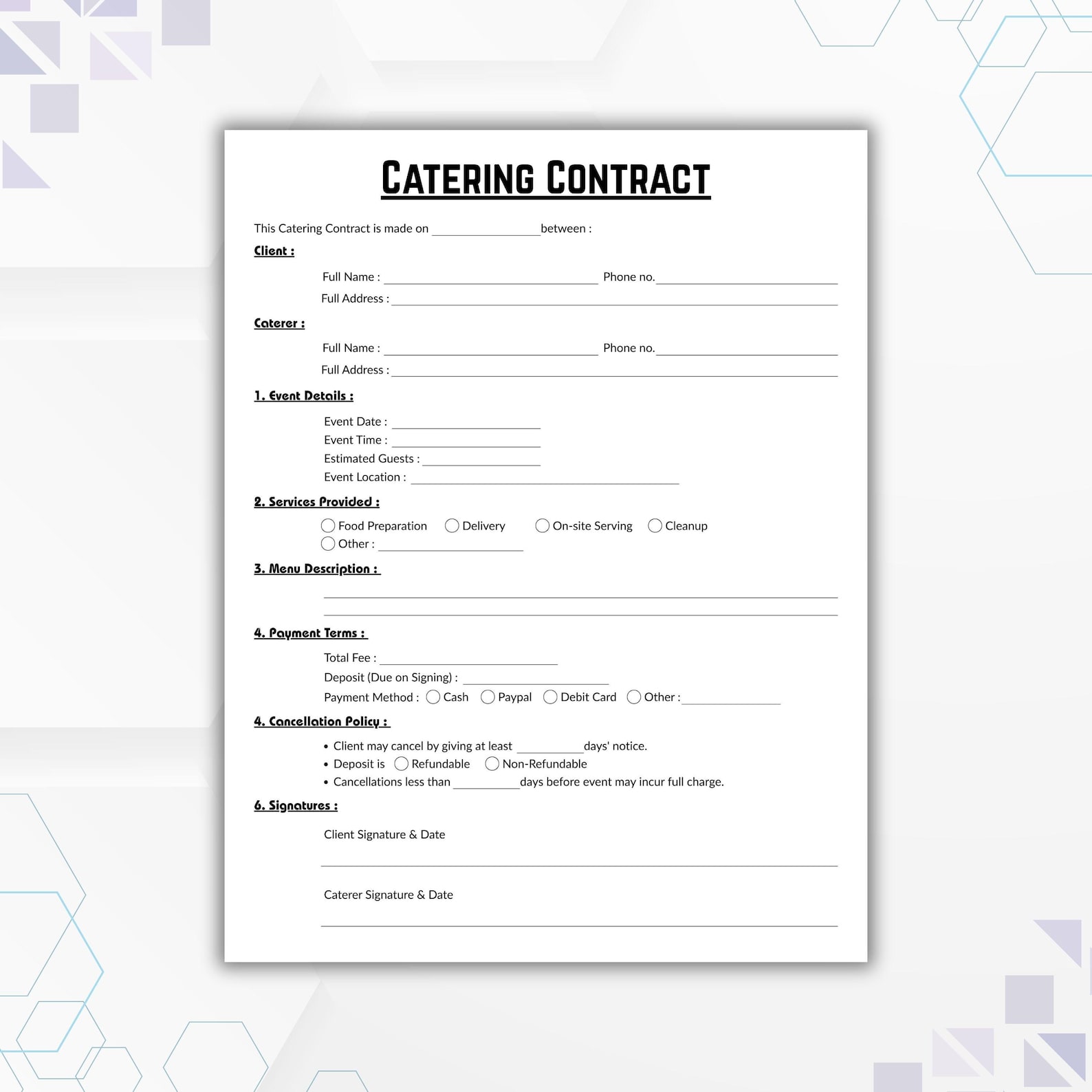 Editable Catering Contract Template, Single Page Catering Service ...