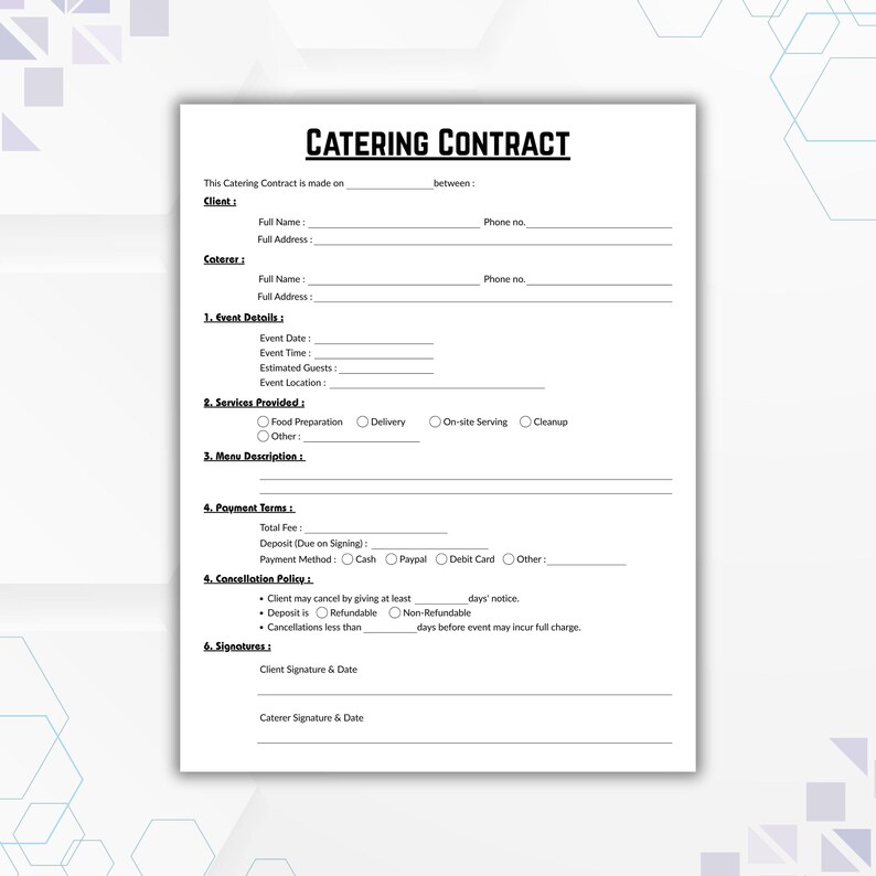Editable Catering Contract Template, Single Page Catering Service ...