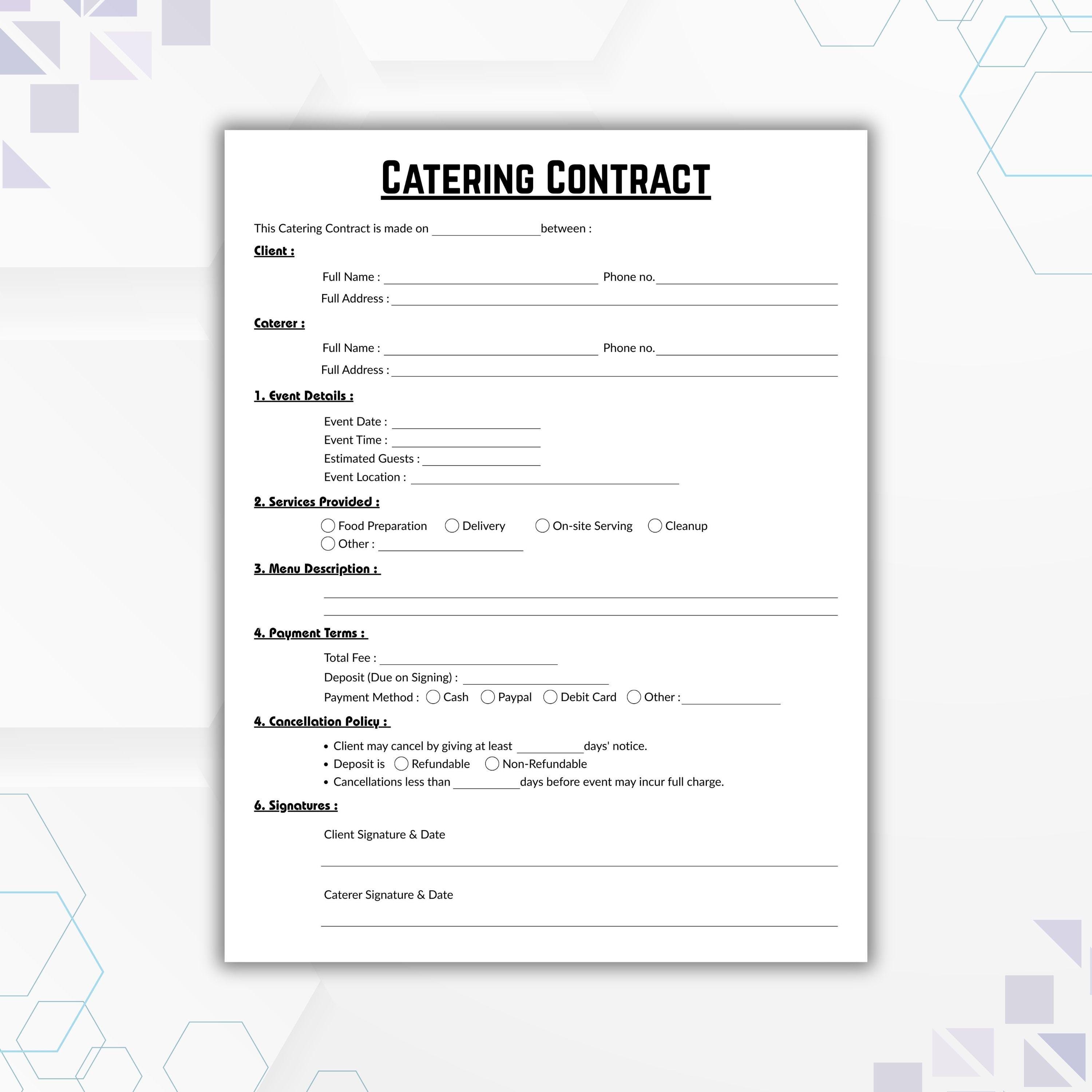 Editable Catering Contract Template, Single Page Catering Service ...